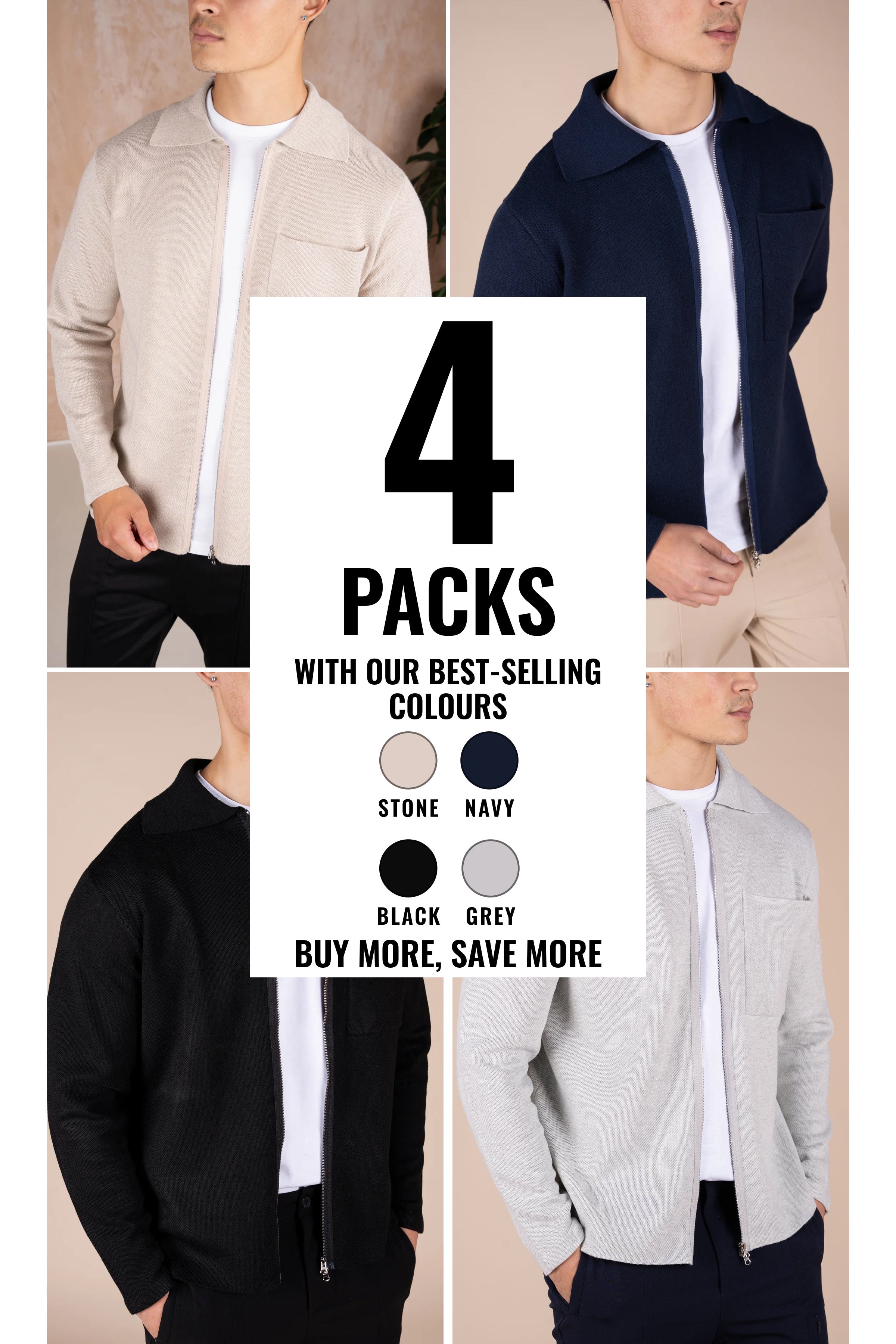 Collared Zip Up Cardigan - 4 Colours (Black, Grey, Navy, Stone) - 4 Pa ...